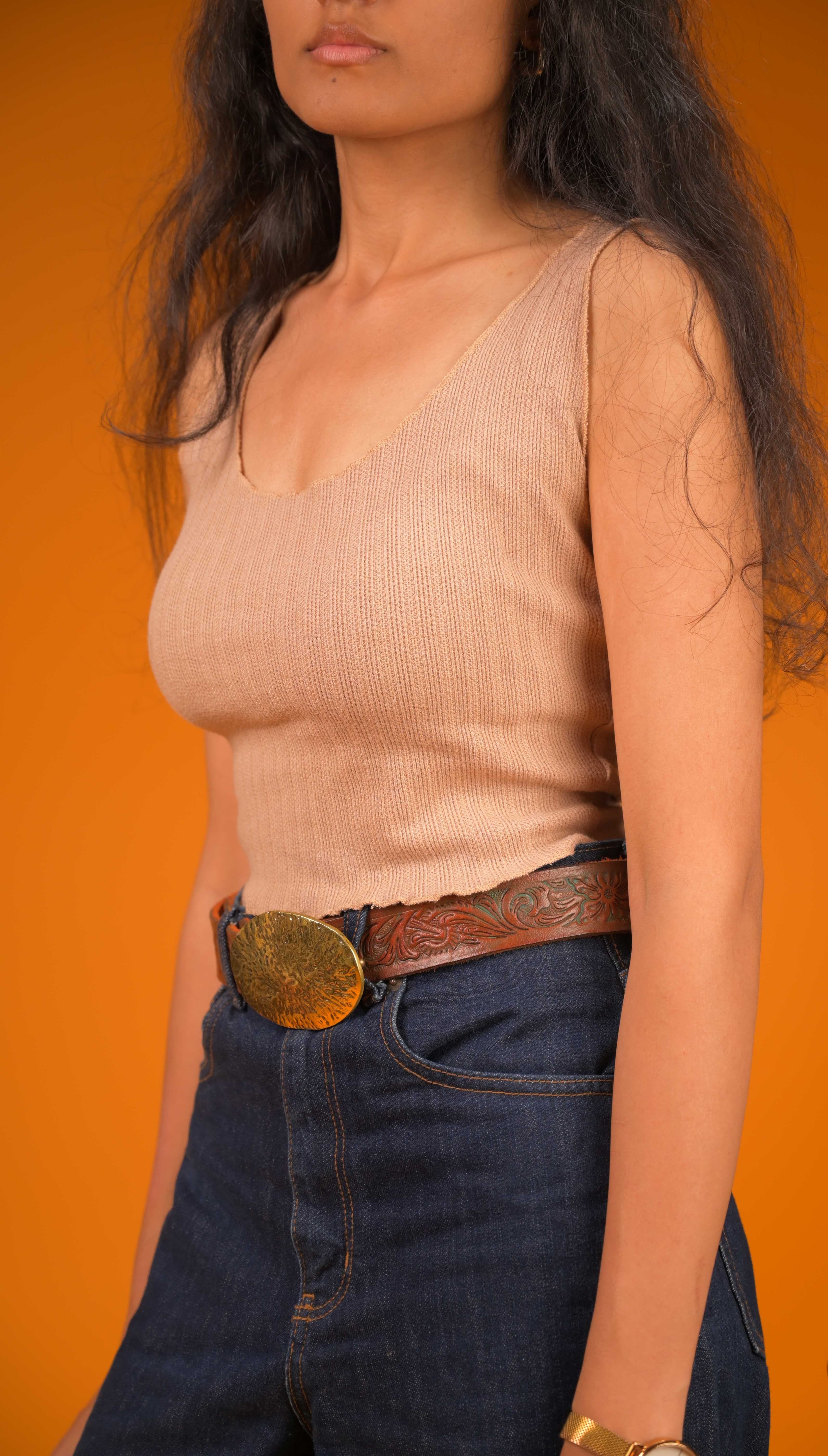 Patina Bloom Leather Waist Belt in Tan by Art N Vintage